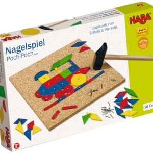 HABA Geo Shape Tack Zap Play Set - Make Geometric Designs with Corkboard, Hammer, Templates and 50 Wooden Tiles (Made in Germany)