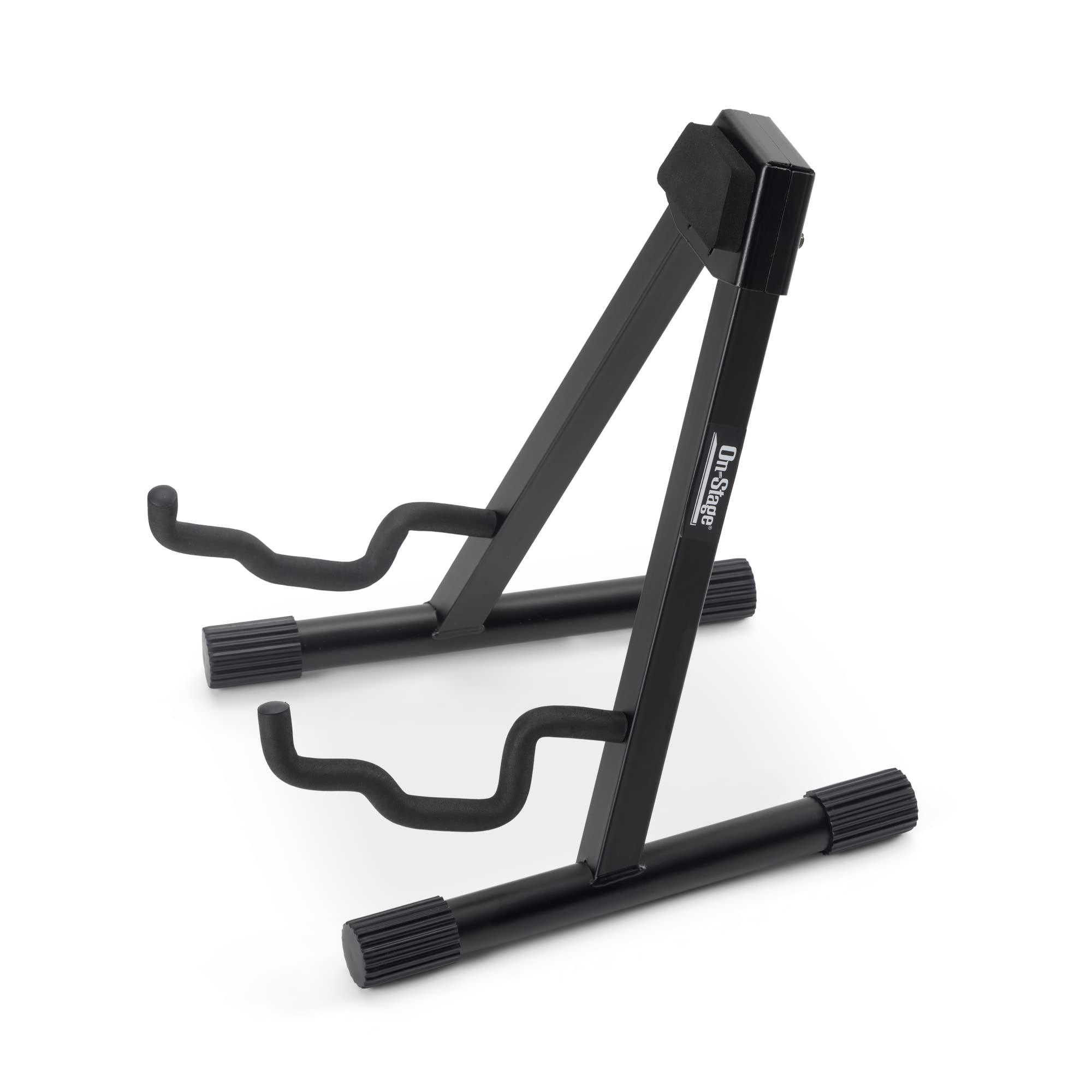 On-Stage GS7462B Professional A-Frame Guitar Stand (Holds Electric, Acoustic, and Bass Guitars, Small Amps, and Mixers, Stepped Yoke, Nonslip Padding, Rubber Feet, Folding, Portable, Storage, Display)