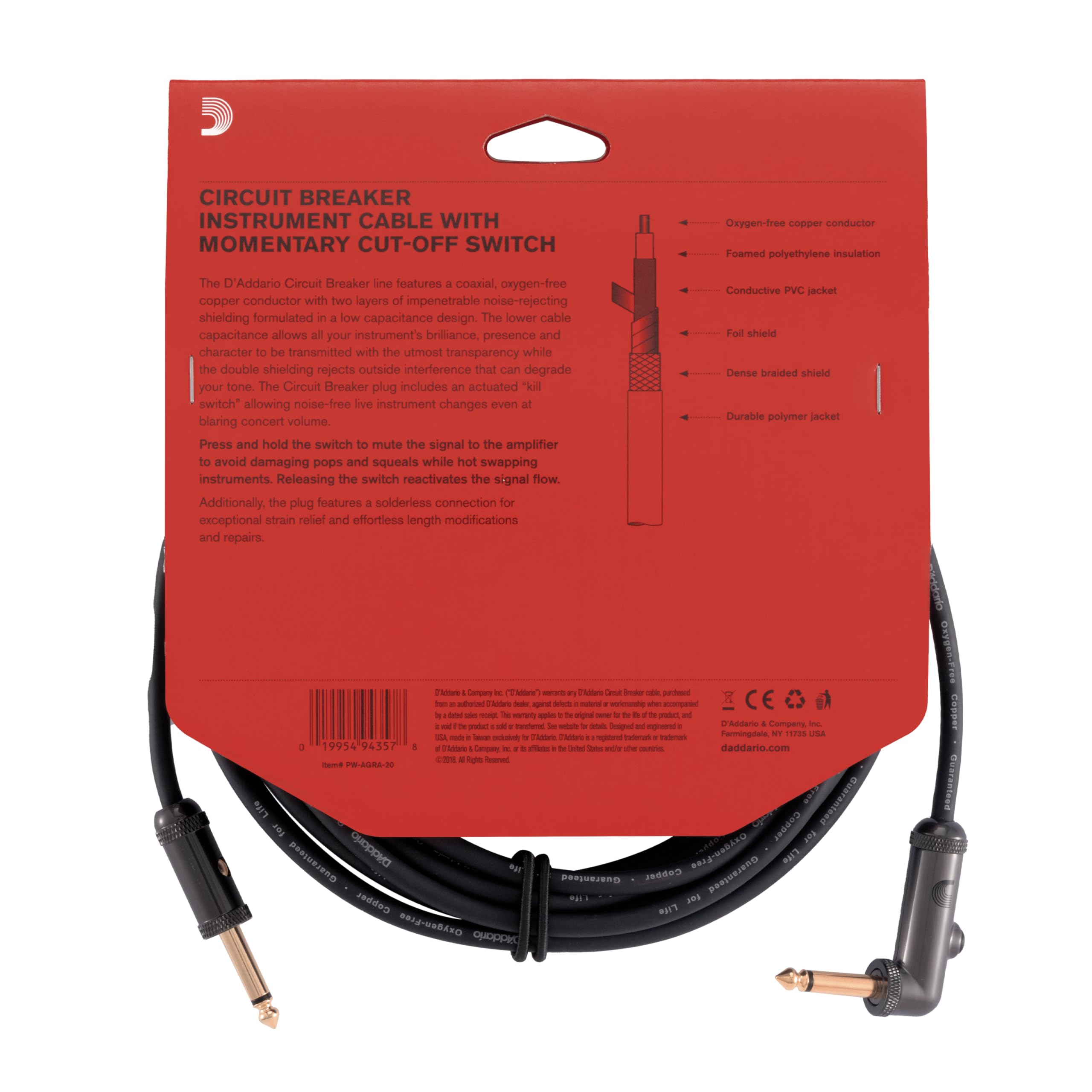 D'Addario Accessories Cable, Black, 20 feet (PW-AGRA-20)