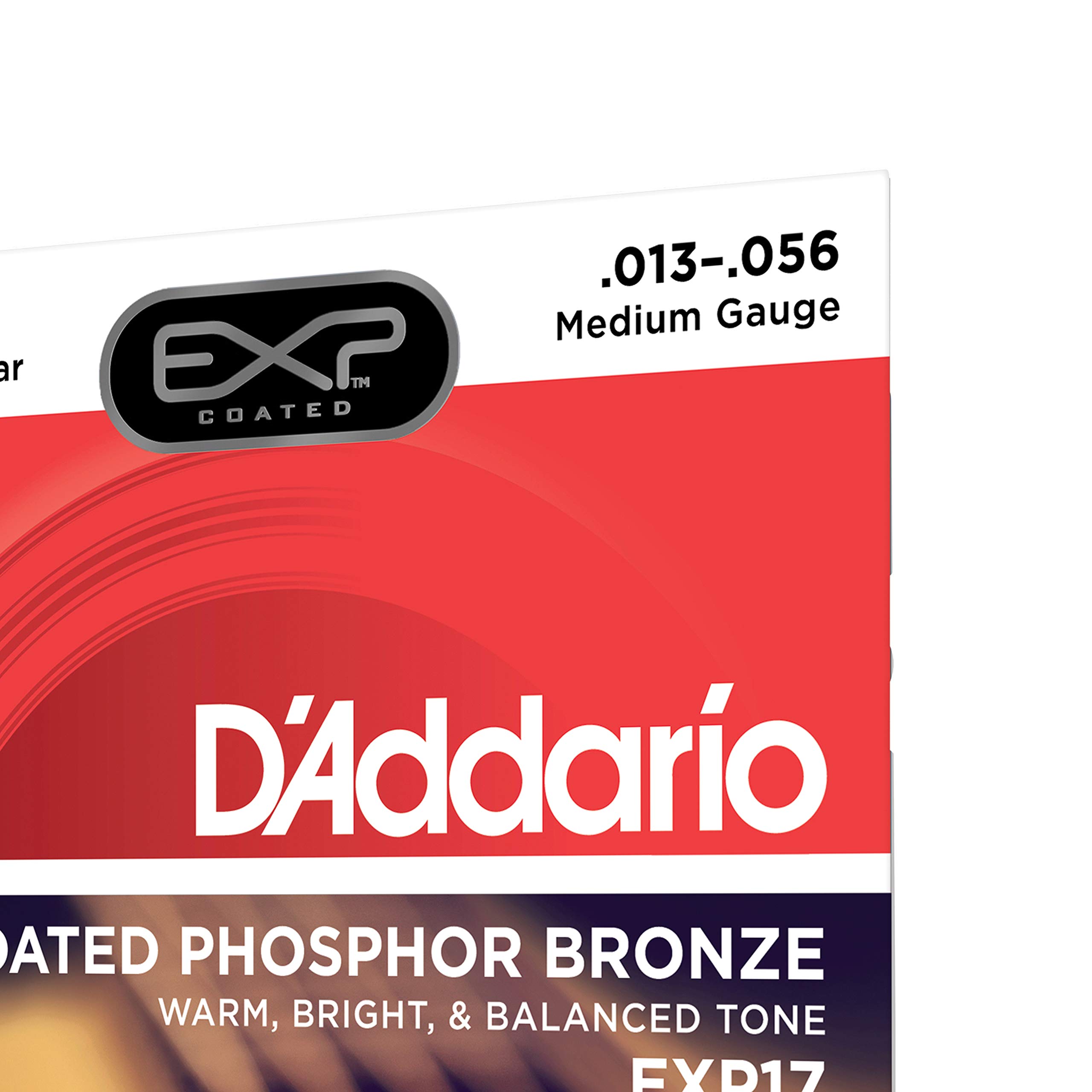 D’Addario EXP17 Coated Phosphor Bronze Acoustic Guitar Strings, Light, 13-56 – Offers a Warm, Bright and Well-Balanced Acoustic Tone and 4x Longer Life - With NY Steel for Strength and Pitch Stability