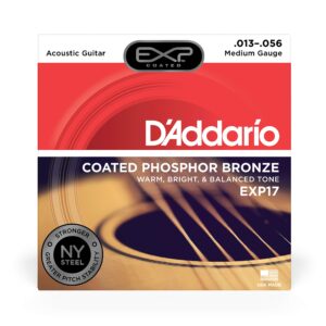 D’Addario EXP17 Coated Phosphor Bronze Acoustic Guitar Strings, Light, 13-56 – Offers a Warm, Bright and Well-Balanced Acoustic Tone and 4x Longer Life - With NY Steel for Strength and Pitch Stability