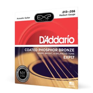 d’addario exp17 coated phosphor bronze acoustic guitar strings, light, 13-56 – offers a warm, bright and well-balanced acoustic tone and 4x longer life - with ny steel for strength and pitch stability