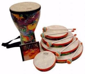 percussion set: 5 hand drums, 1 djembe, and 1 rhythm party cd