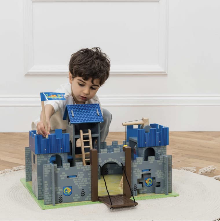 Le Toy Van - Castles Collection Wooden Toy Educational Excalibur Knights Castle | Kids Wooden Castle Playset Model Castle For Boys, Blue Excalibur Castle (TV235)