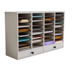 safco literature organizer, 24 compartments, 2 drawers, office and classroom mailbox with adjustable shelves, wood paper and mail sorter, gray