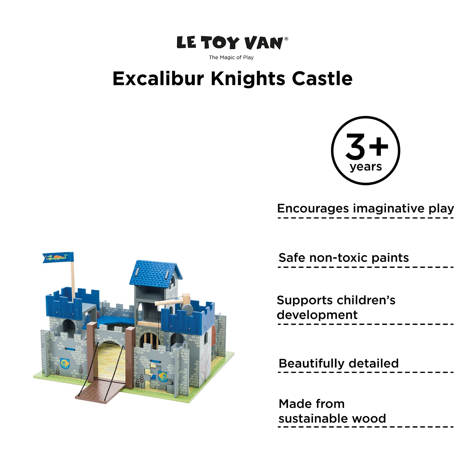 Le Toy Van - Castles Collection Wooden Toy Educational Excalibur Knights Castle | Kids Wooden Castle Playset Model Castle For Boys, Blue Excalibur Castle (TV235)