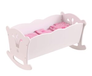 kidkraft wooden white lil' doll rocking cradle with pink butterfly pad, blanket and pillow for 18-inch baby dolls gift for ages 3+