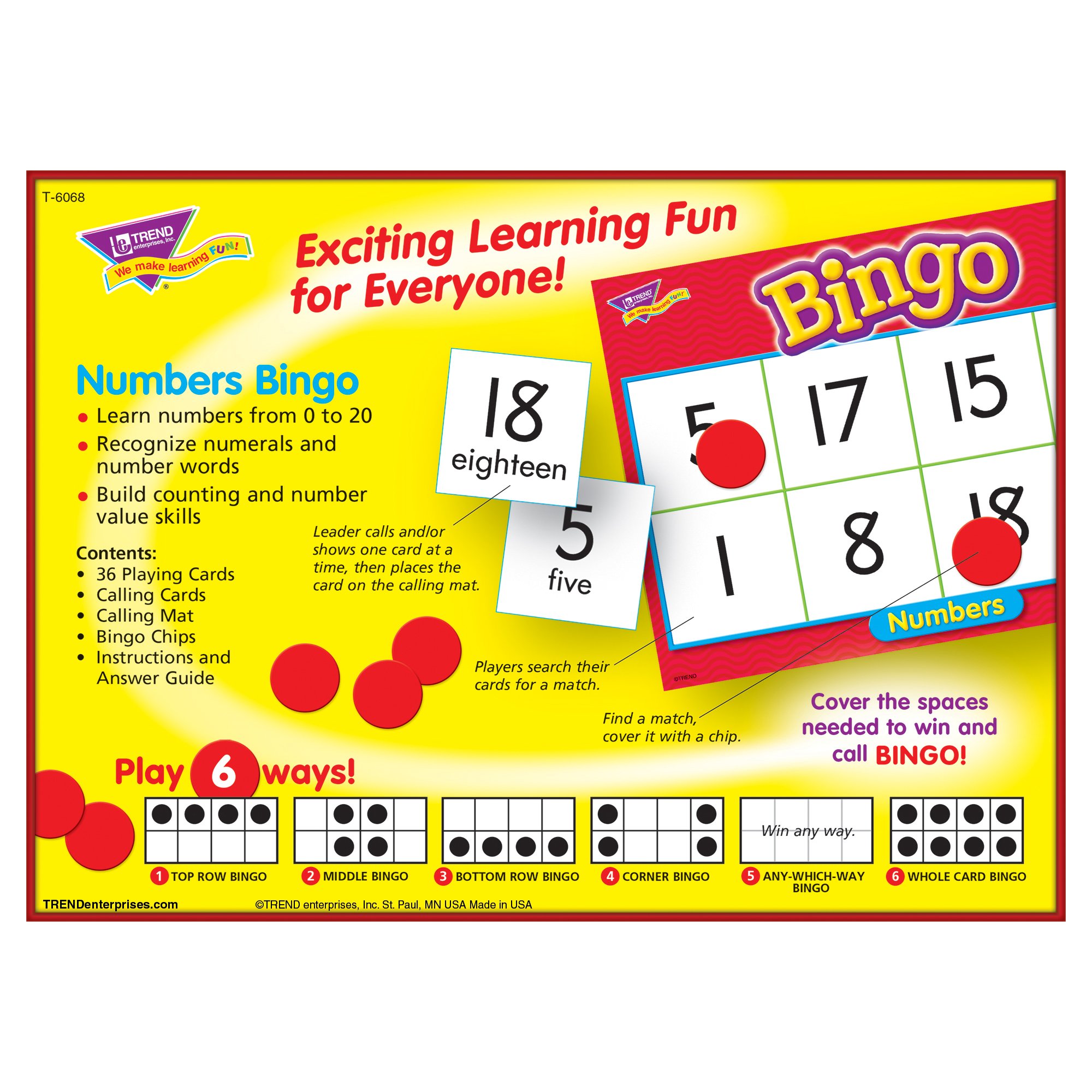 TREND ENTERPRISES: Numbers Bingo Game, Exciting Way for Everyone to Learn, Play 6 Different Ways, Perfect for Classrooms and At Home, 2 to 36 Players, For Ages 4 and Up