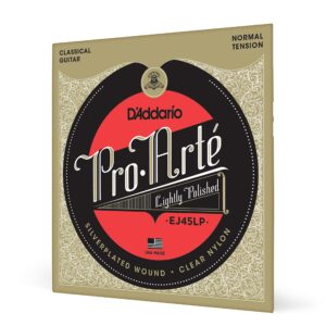 d'addario guitar strings - pro-arte classical guitar strings - ej45lp - nylon guitar strings - silver plated wrap, composite core, clear nylon trebles - lightly polished, normal tension