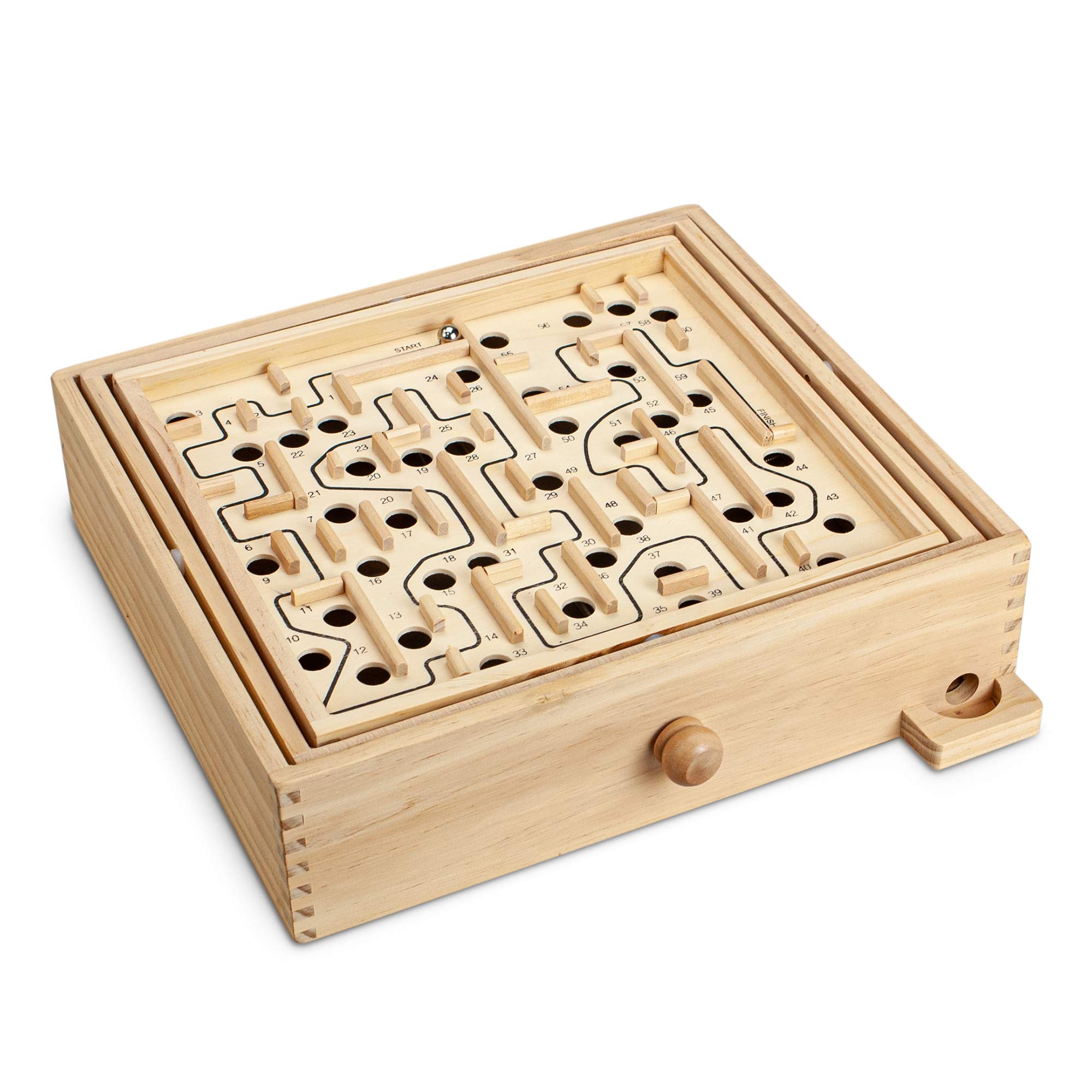 STERLING Games Large Wooden Labyrinth 13.5" x 13" Marble Ball Tilt Maze Wood Game with 60 Waypoints for 6 Years and Up