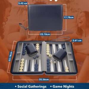 WE Games Backgammon Set, Board Games for Adults - Travel Games - Magnetic with Navy Blue Leatherette Backgammon Board and Carrying Strap - Travel Backgammon Sets for Adults