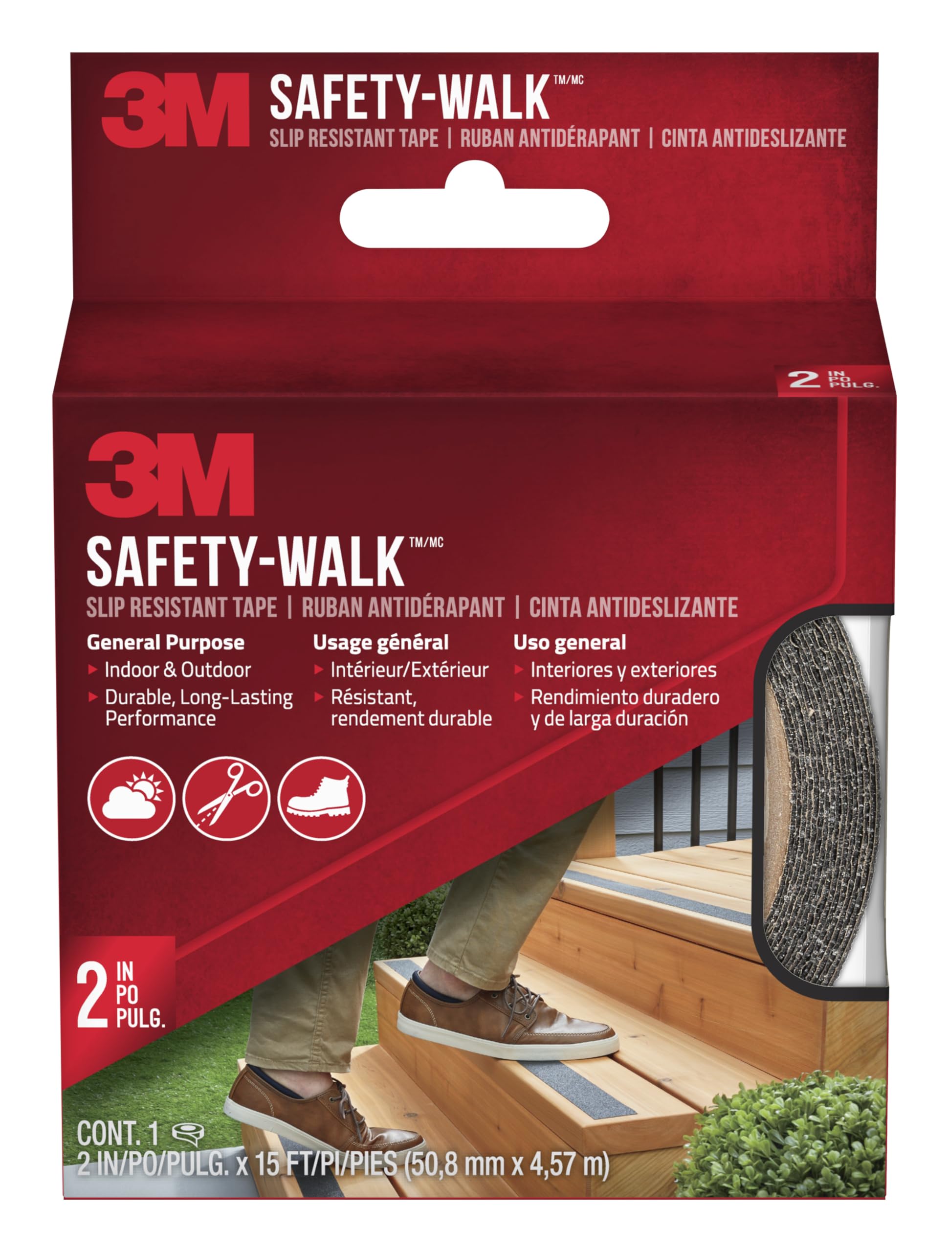 3M Safety-Walk Slip Resistant Tape, 2 in x 15 ft, Anti Slip Black Tape, Adhere Without Wrinkling, Curling, Tearing or Lifting, Self-Adhesive Backing For Quick & Easy Application, 1 Roll (610B-R2X180)