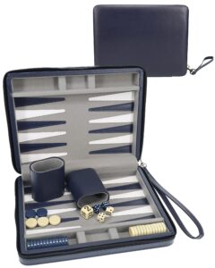 we games backgammon set, board games for adults - travel games - magnetic with navy blue leatherette backgammon board and carrying strap - travel backgammon sets for adults