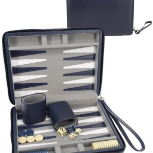 WE Games Backgammon Set, Board Games for Adults - Travel Games - Magnetic with Navy Blue Leatherette Backgammon Board and Carrying Strap - Travel Backgammon Sets for Adults