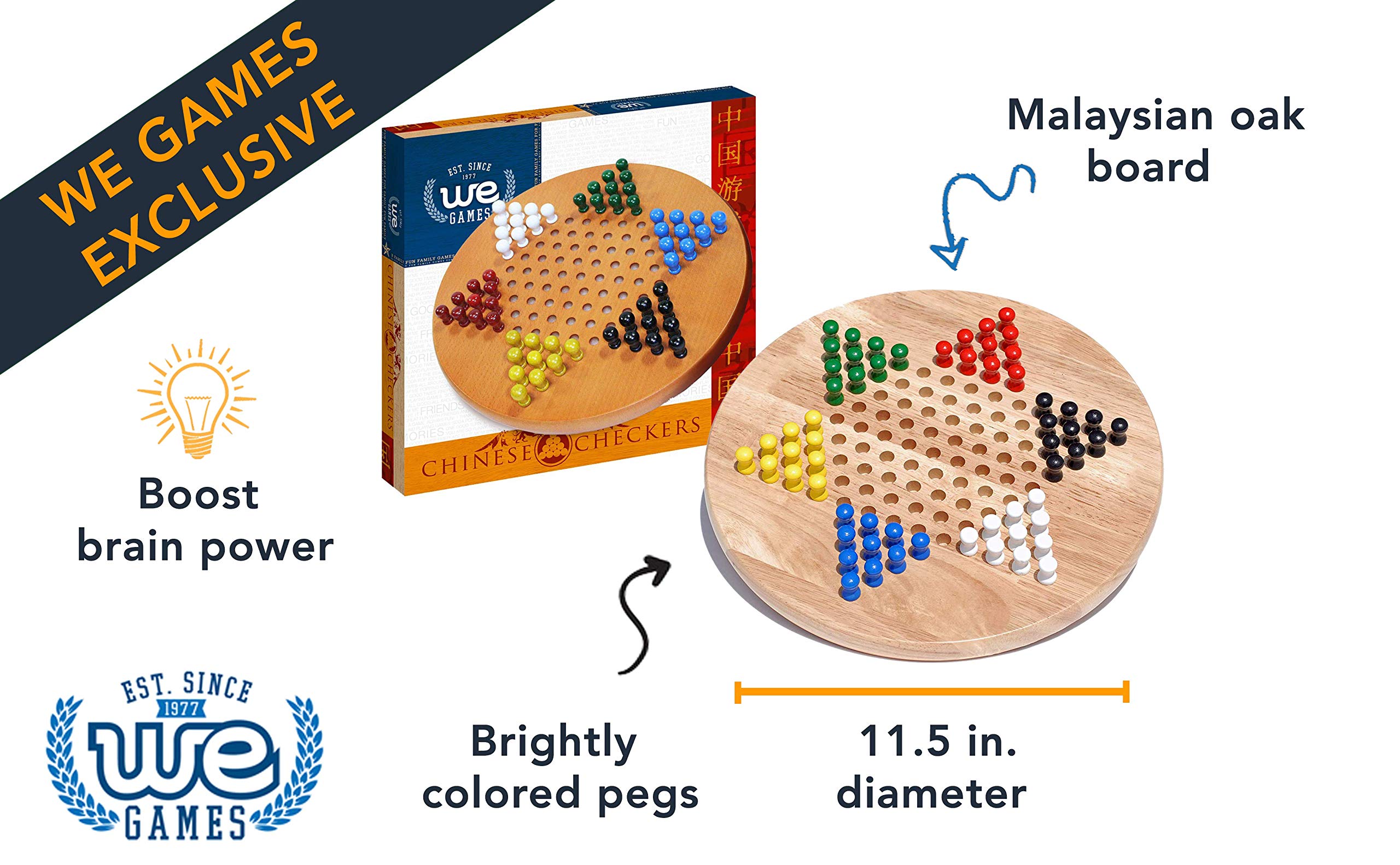 WE Games Solid Wood Chinese Checkers Board Game with Pegs- 11.5 in,6 players