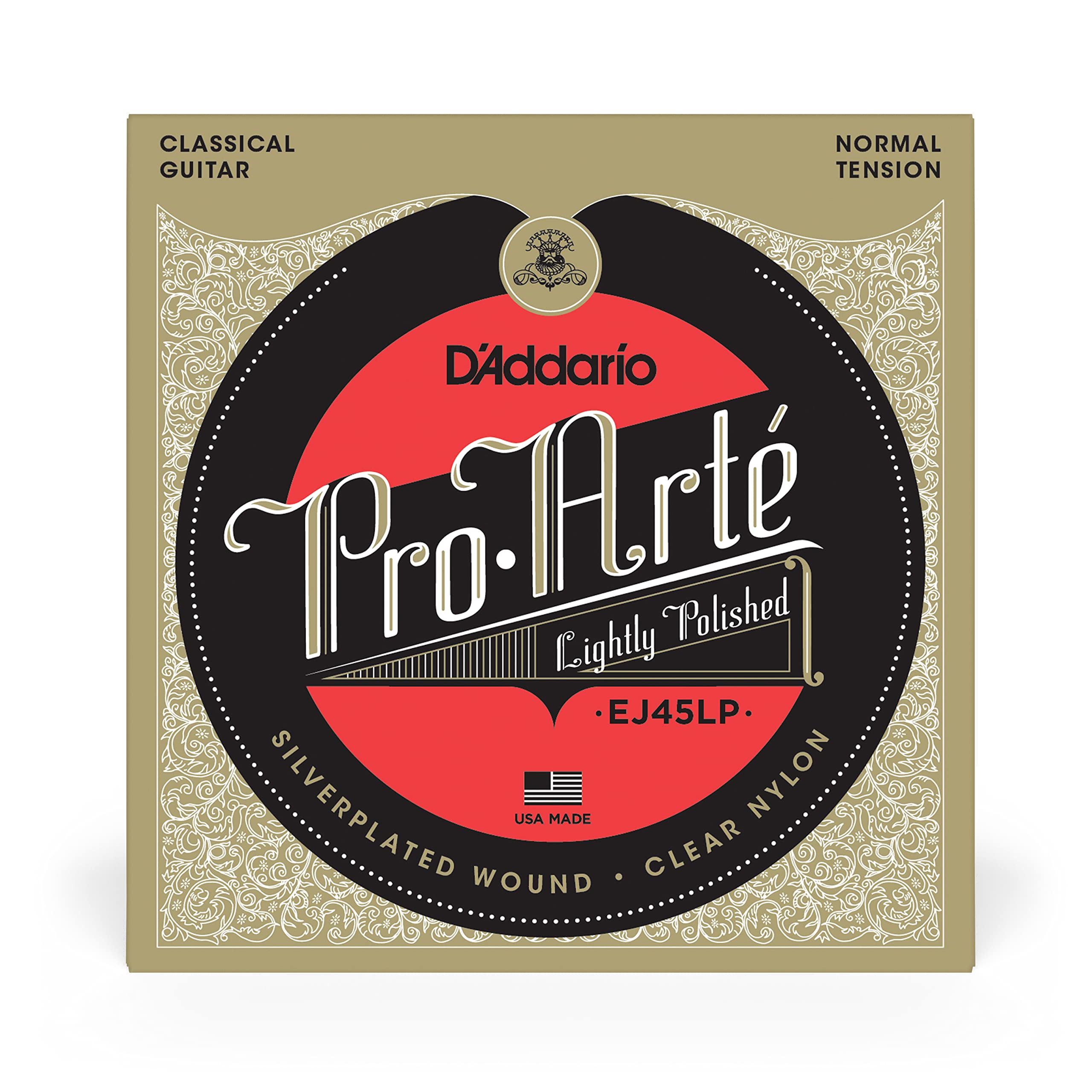 D'Addario Guitar Strings - Pro-Arte Classical Guitar Strings - EJ45LP - Nylon Guitar Strings - Silver Plated Wrap, Composite Core, Clear Nylon Trebles - Lightly Polished, Normal Tension