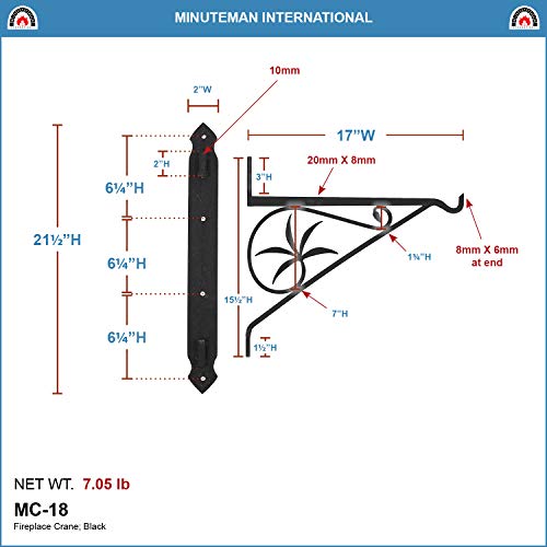 Minuteman International Crane, 18-inch Fireplace Pot Hanger Bracket, Black