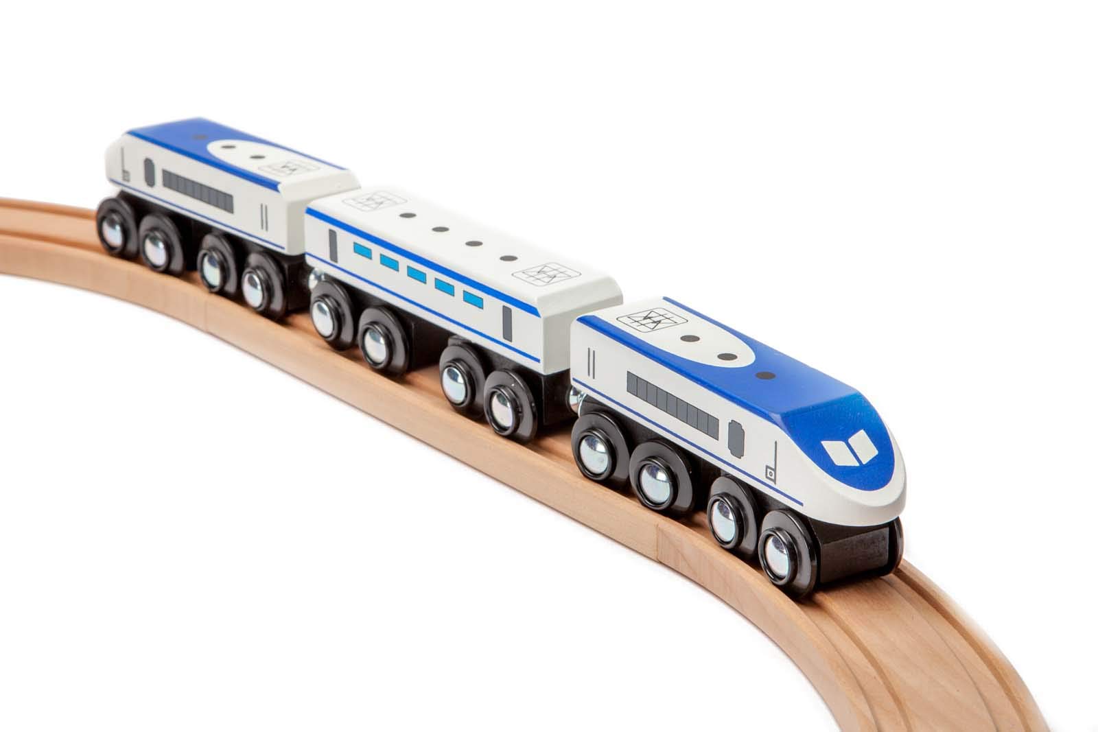 maxim enterprise, inc. Express Train Set, Bullet Train for Wooden Train Track, Train Set of 2 Engines & 1 Passenger Car, Compatible with Thomas and Friends, Brio & Other Major Brand Wooden Railways