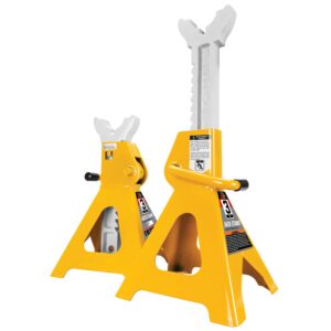 performance tool w41022 ratchet style jack stand set for lifting vehicles during maintenance, yellow, 3-ton