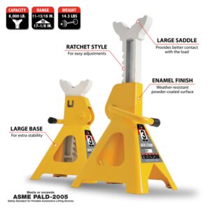 Performance Tool W41022 Ratchet Style Jack Stand Set for Lifting Vehicles During Maintenance, Yellow, 3-Ton