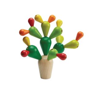 plantoys balancing cactus toy - colorful sustainably-made wood balance game for 1-4 players with base and 18 cactus branches to build without toppling