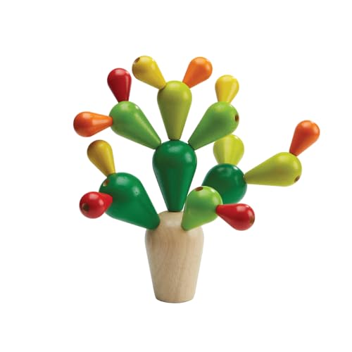 PlanToys Balancing Cactus Toy - Colorful Sustainably-Made Wood Balance Game for 1-4 Players with Base and 18 Cactus Branches to Build Without Toppling