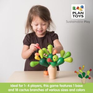 PlanToys Balancing Cactus Toy - Colorful Sustainably-Made Wood Balance Game for 1-4 Players with Base and 18 Cactus Branches to Build Without Toppling