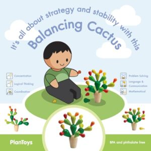 PlanToys Balancing Cactus Toy - Colorful Sustainably-Made Wood Balance Game for 1-4 Players with Base and 18 Cactus Branches to Build Without Toppling