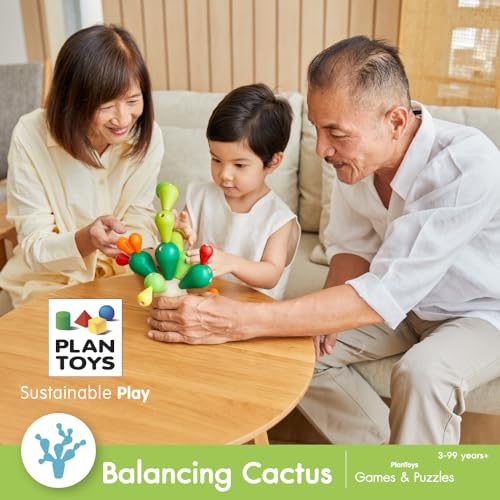 PlanToys Balancing Cactus Toy - Colorful Sustainably-Made Wood Balance Game for 1-4 Players with Base and 18 Cactus Branches to Build Without Toppling