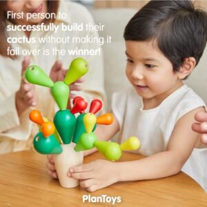 PlanToys Balancing Cactus Toy - Colorful Sustainably-Made Wood Balance Game for 1-4 Players with Base and 18 Cactus Branches to Build Without Toppling