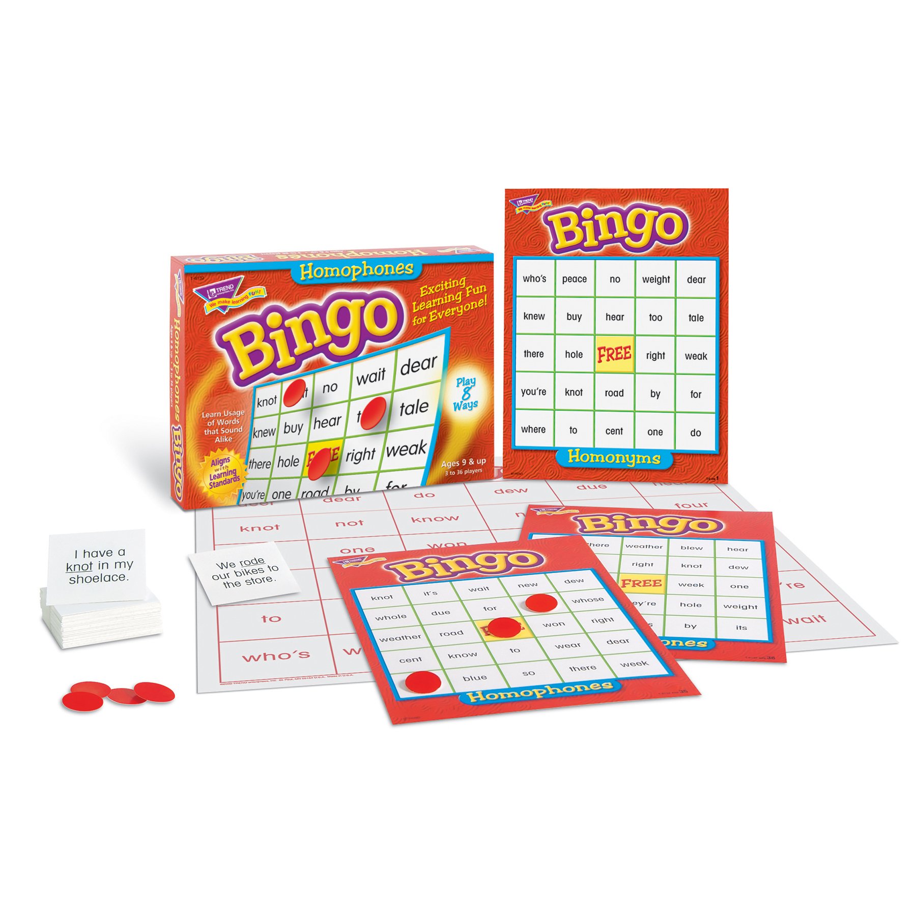 Trend Enterprises: Homophones Bingo Game, Exciting Way for Everyone to Learn, Play 8 Different Ways, Great for Classrooms and at Home, 2 to 36 Players, for Ages 8 and Up