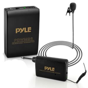 pyle-pro wireless clip lavalier microphone system portable professional clip lav lapel mic set with volume control, 20 ft range - transmitter, receiver, battery for camera, sound recorder propdwm96