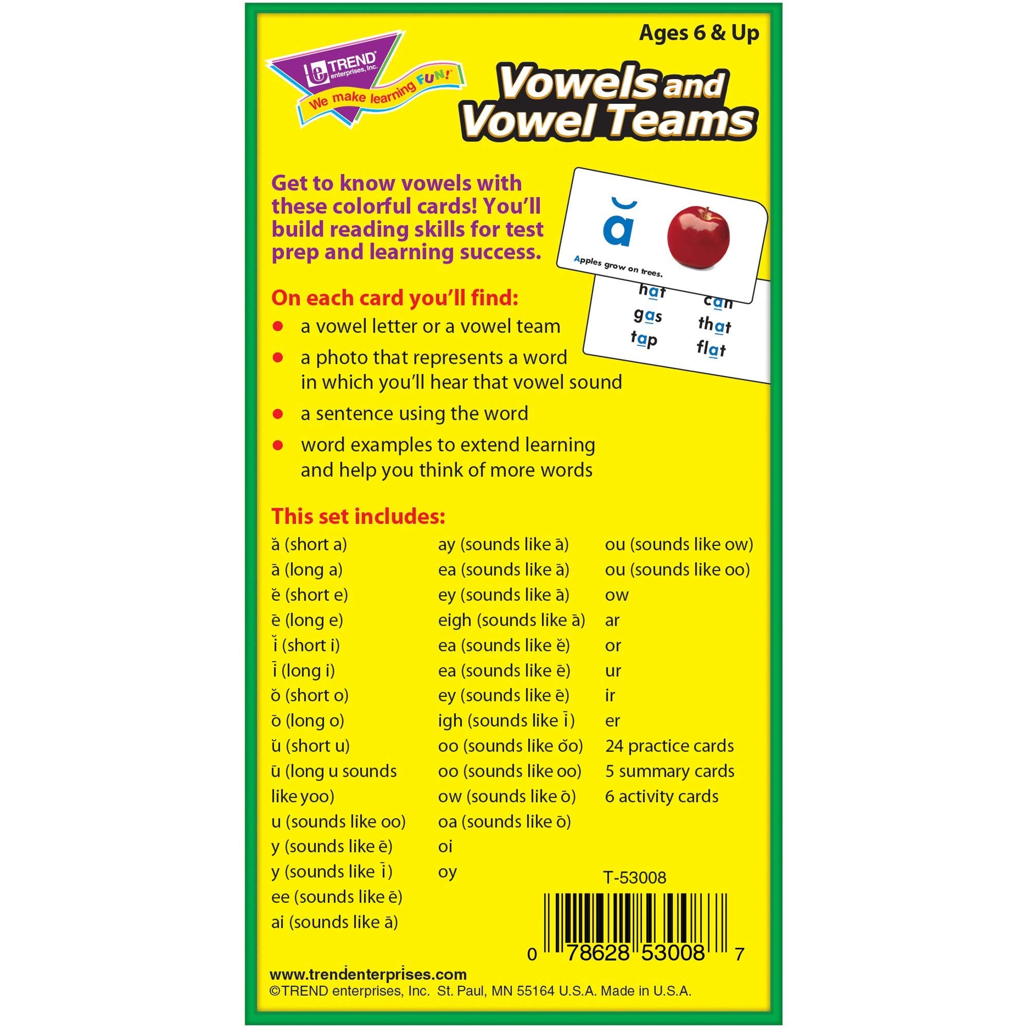 Trend Enterprises: Vowels and Vowel Teams Skill Drill Flash Cards, Sound-It-Out Hints, Photo & Sentence Cues, Great for Skill Building and Test Prep, 72 Cards Included, Ages 6 and Up