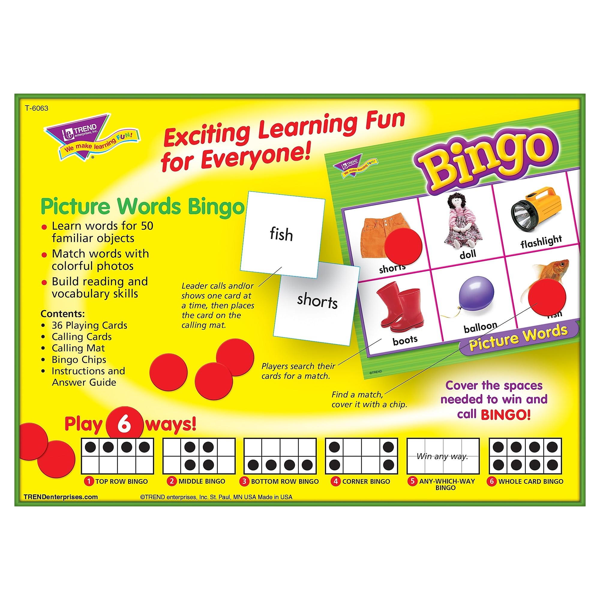 Trend Enterprises: Picture Words Bingo Game, Exciting Way for Everyone to Learn, Play 6 Different Ways, Perfect for Classrooms and at Home, 2 to 36 Players, for Ages 5 and Up