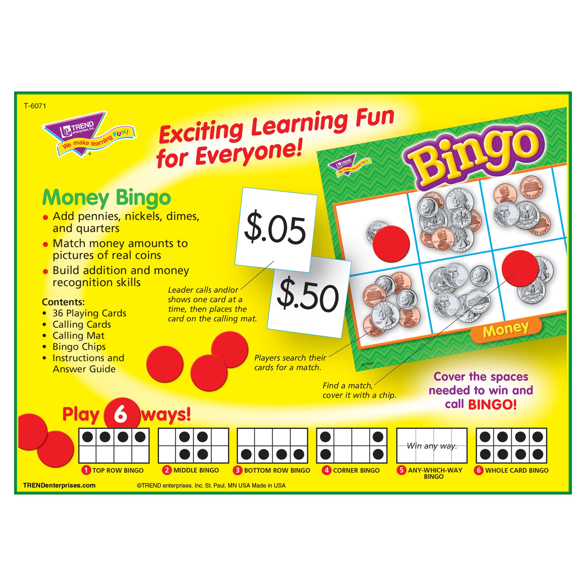 Trend Enterprises: Money Bingo Game, Exciting Way for Everyone to Learn, Play 6 Different Ways, Great for Classrooms and at Home, 3 to 36 Players, for Ages 5 and Up