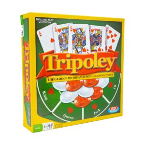 tripoley deluxe board game, family favorite game, combination of michigan rummy, hearts and poker, perfect for family game night, for ages 8 and up