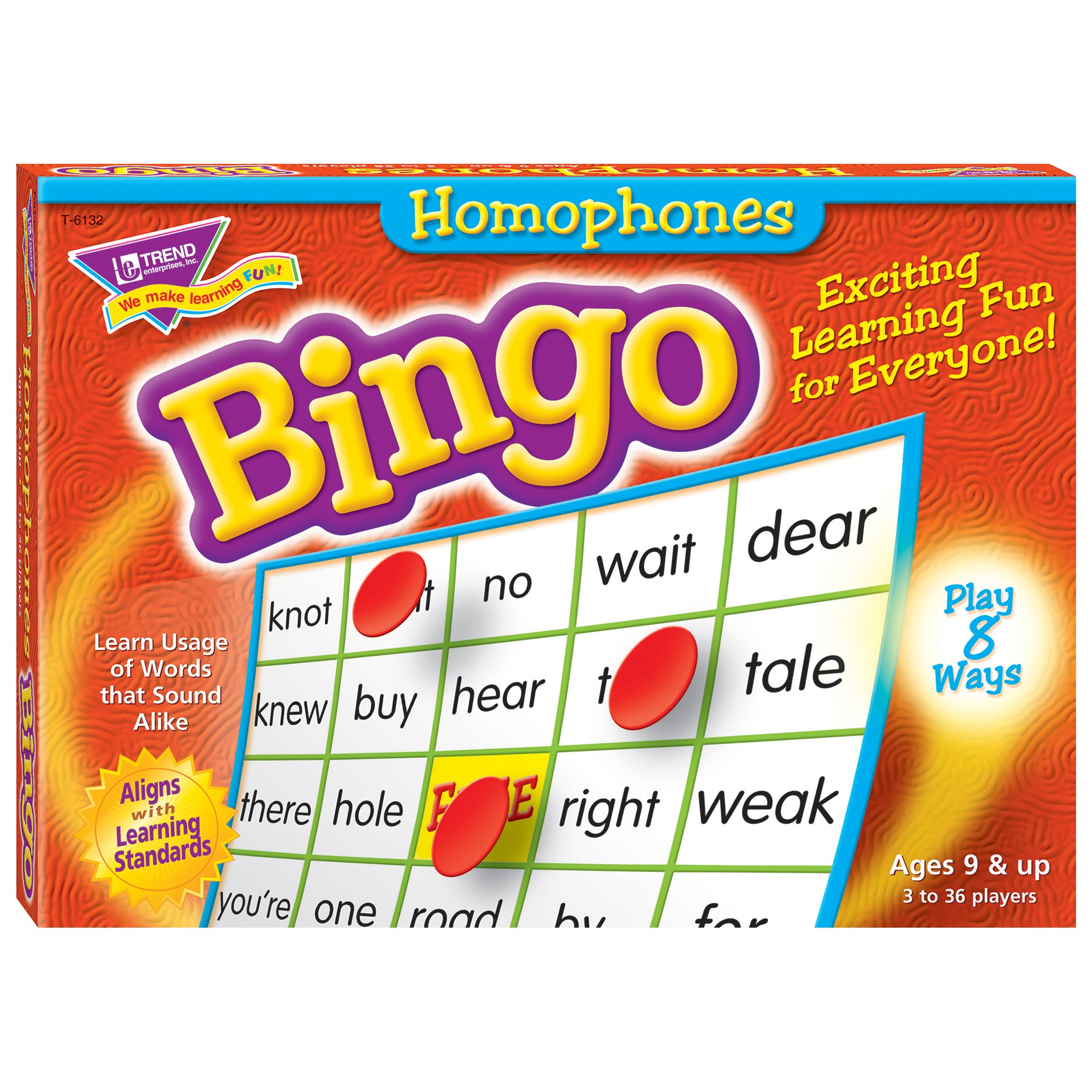 Trend Enterprises: Homophones Bingo Game, Exciting Way for Everyone to Learn, Play 8 Different Ways, Great for Classrooms and at Home, 2 to 36 Players, for Ages 8 and Up