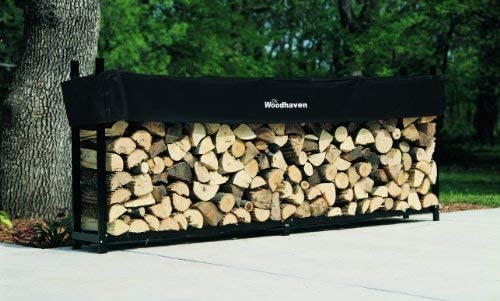 Woodhaven 10 Foot Black Firewood Log Rack With Optional Seasoning Cover - Made In The USA - Lifetime Structural Warranty - Steel Outdoor Rack with Black Texture Powder Coat Finish (Cover)