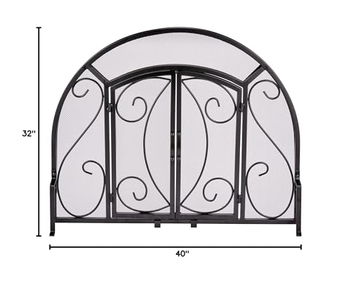 Uniflame Single Panel Black Wrought Iron Ornate Fireplace Screen with Doors