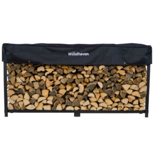 woodhaven 10 foot black firewood log rack with optional seasoning cover - made in the usa - lifetime structural warranty - steel outdoor rack with black texture powder coat finish (cover)