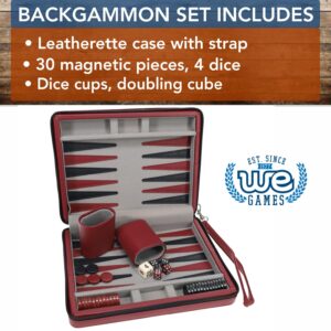 WE Games Backgammon Set, Board Games for Adults - Travel Games - Magnetic with Burgundy Leatherette Backgammon Board and Carrying Strap - Travel Backgammon Sets for Adults