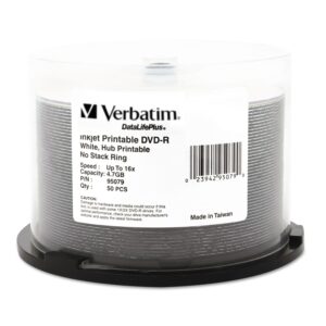 verbatim dvd-r blank discs 4.7gb 16x datalifeplus white inkjet printable recordable disc hub printable - 50pk spindle 95079