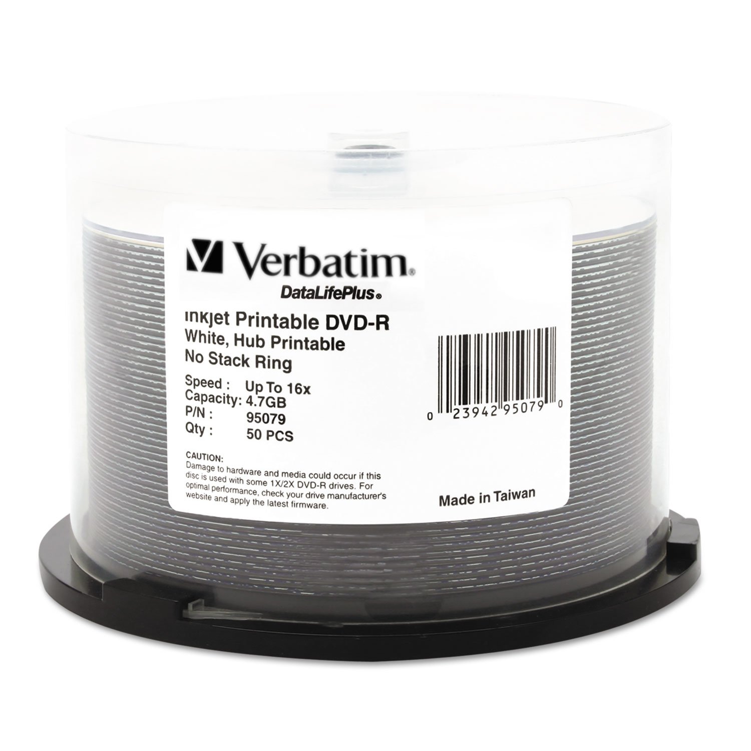 Verbatim DVD-R Blank Discs 4.7GB 16X DataLifePlus White Inkjet Printable Recordable Disc Hub Printable - 50pk Spindle 95079