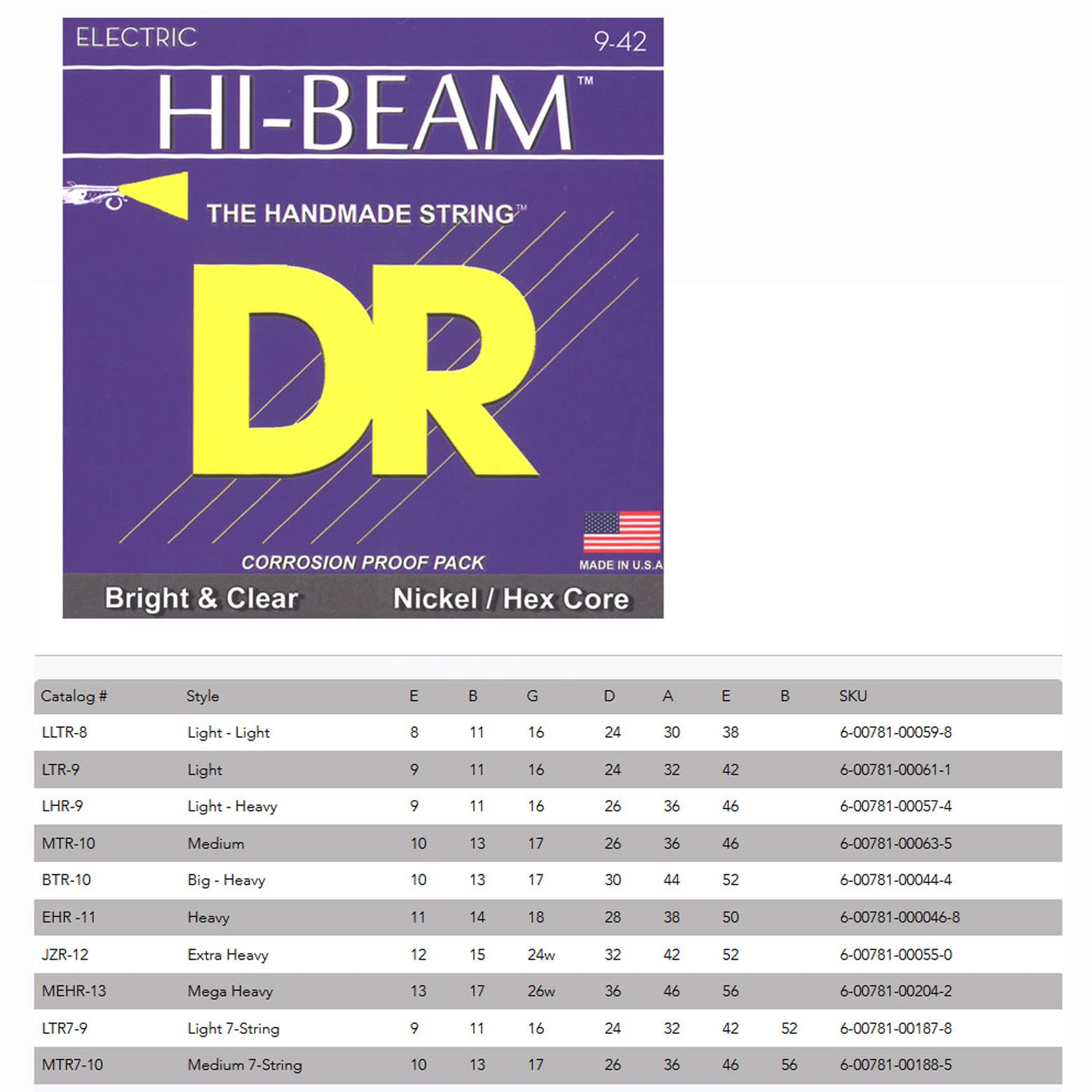 DR Strings Electric Guitar Strings, Hi-Beam, Hex Core 9-42