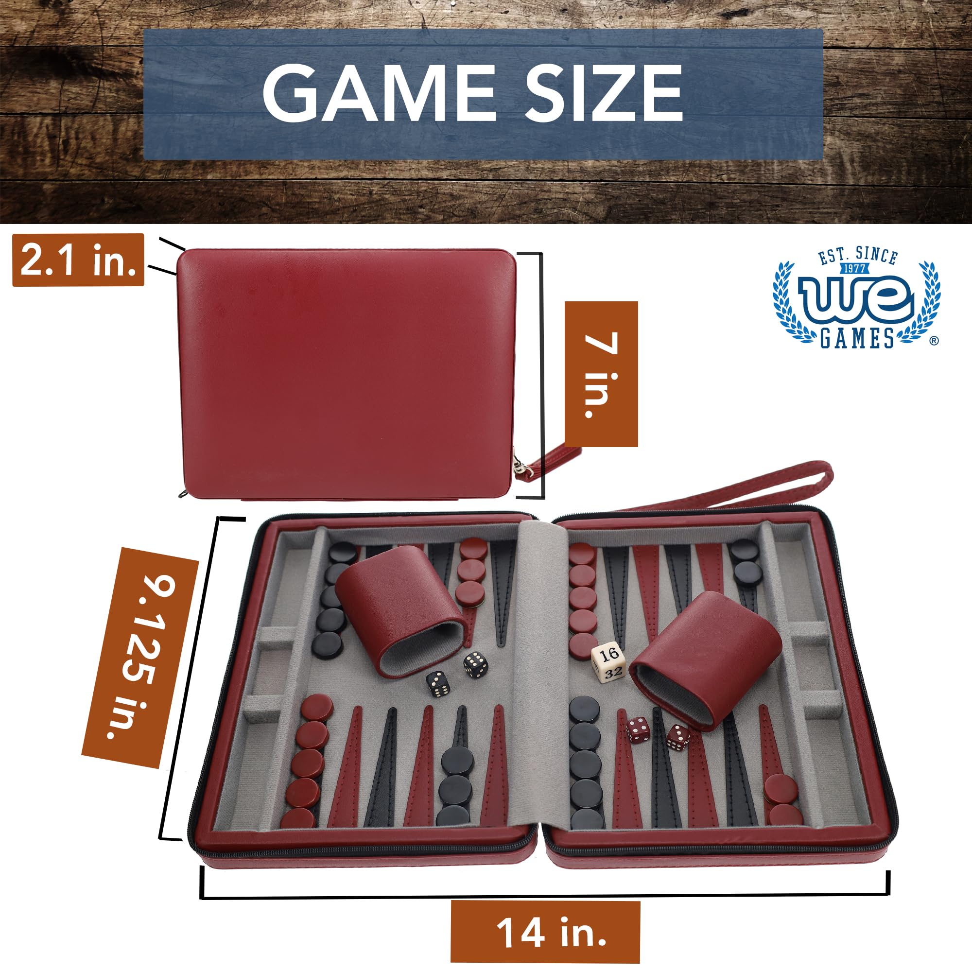 WE Games Backgammon Set, Board Games for Adults - Travel Games - Magnetic with Burgundy Leatherette Backgammon Board and Carrying Strap - Travel Backgammon Sets for Adults