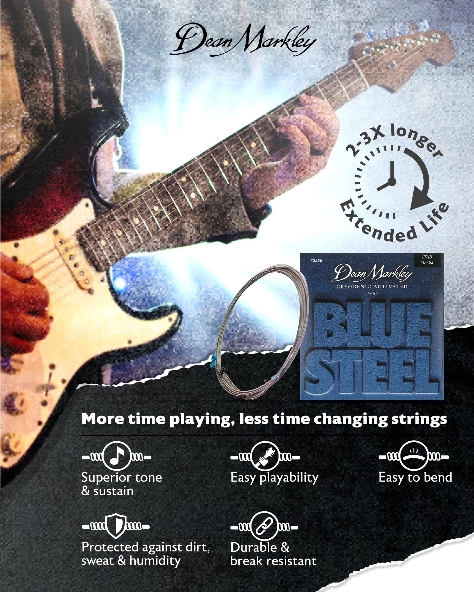 DEAN MARKLEY 2558 Blue Steel Electric Guitar Strings. 6 piece Electric Guitar String Set. Cryogenically Treated for Longer Life, Enhanced Performance, and Superior Sound. Made in USA. Gauges 10-52