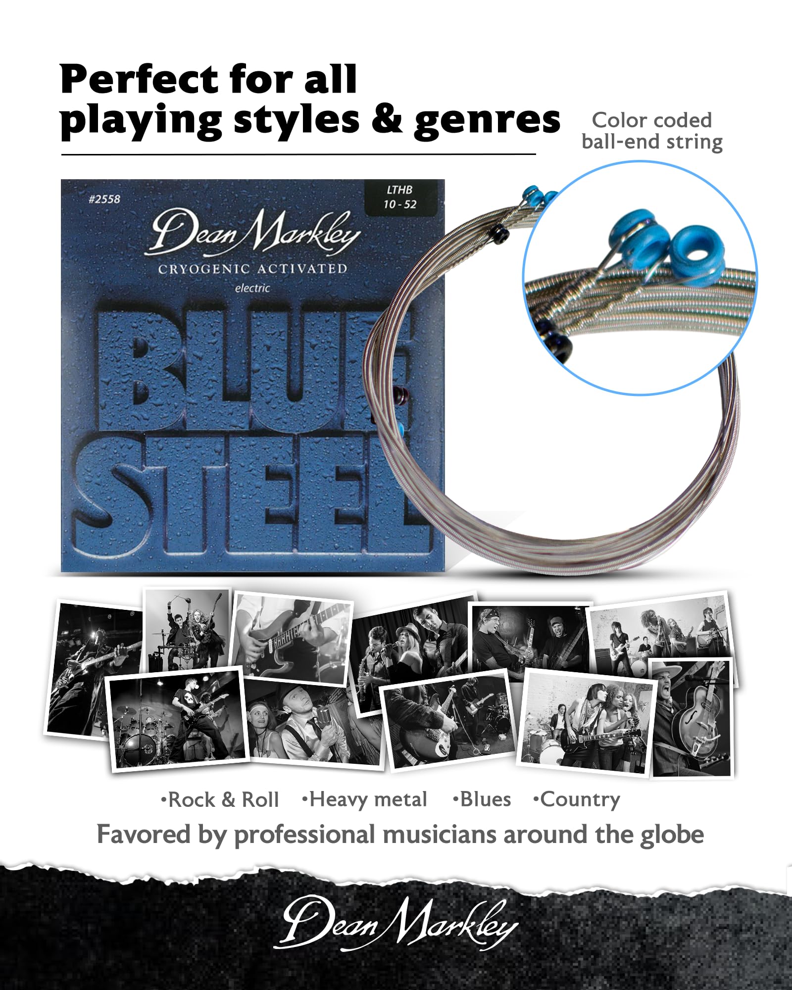 DEAN MARKLEY 2558 Blue Steel Electric Guitar Strings. 6 piece Electric Guitar String Set. Cryogenically Treated for Longer Life, Enhanced Performance, and Superior Sound. Made in USA. Gauges 10-52