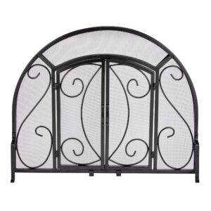 uniflame single panel black wrought iron ornate fireplace screen with doors