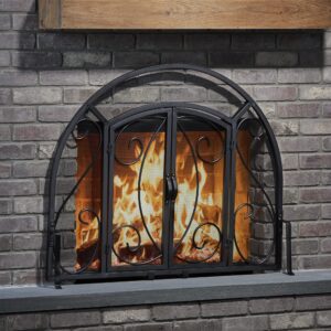 Uniflame Single Panel Black Wrought Iron Ornate Fireplace Screen with Doors