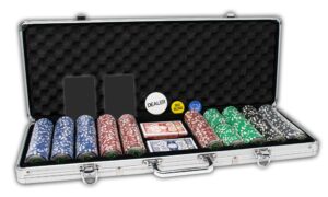 da vinci professional set of 500 11.5 gram casino del sol poker chips with denominations, 2 decks of plastic playing cards, 2 cut cards & 3 dealer buttons (silver aluminum frame case)